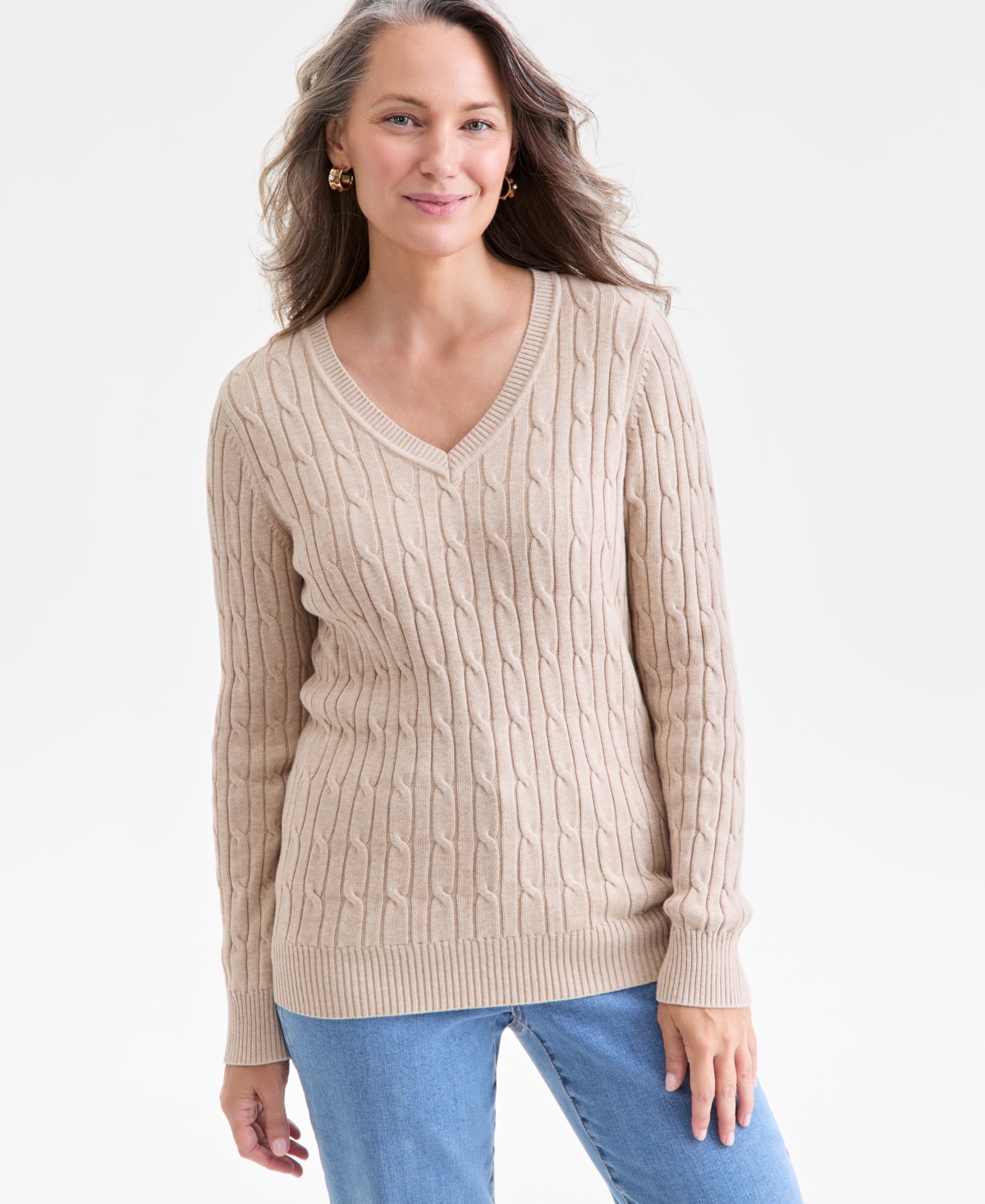 Click here for Style & Co Womens Cotton Cable-Knit V-Neck Sweater... prices