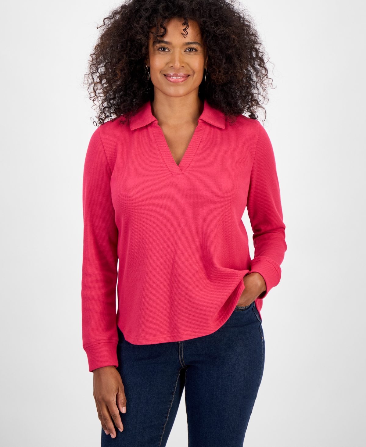 Click here for Style & Co Womens Waffle-Knit Long-Sleeve Polo Top... prices