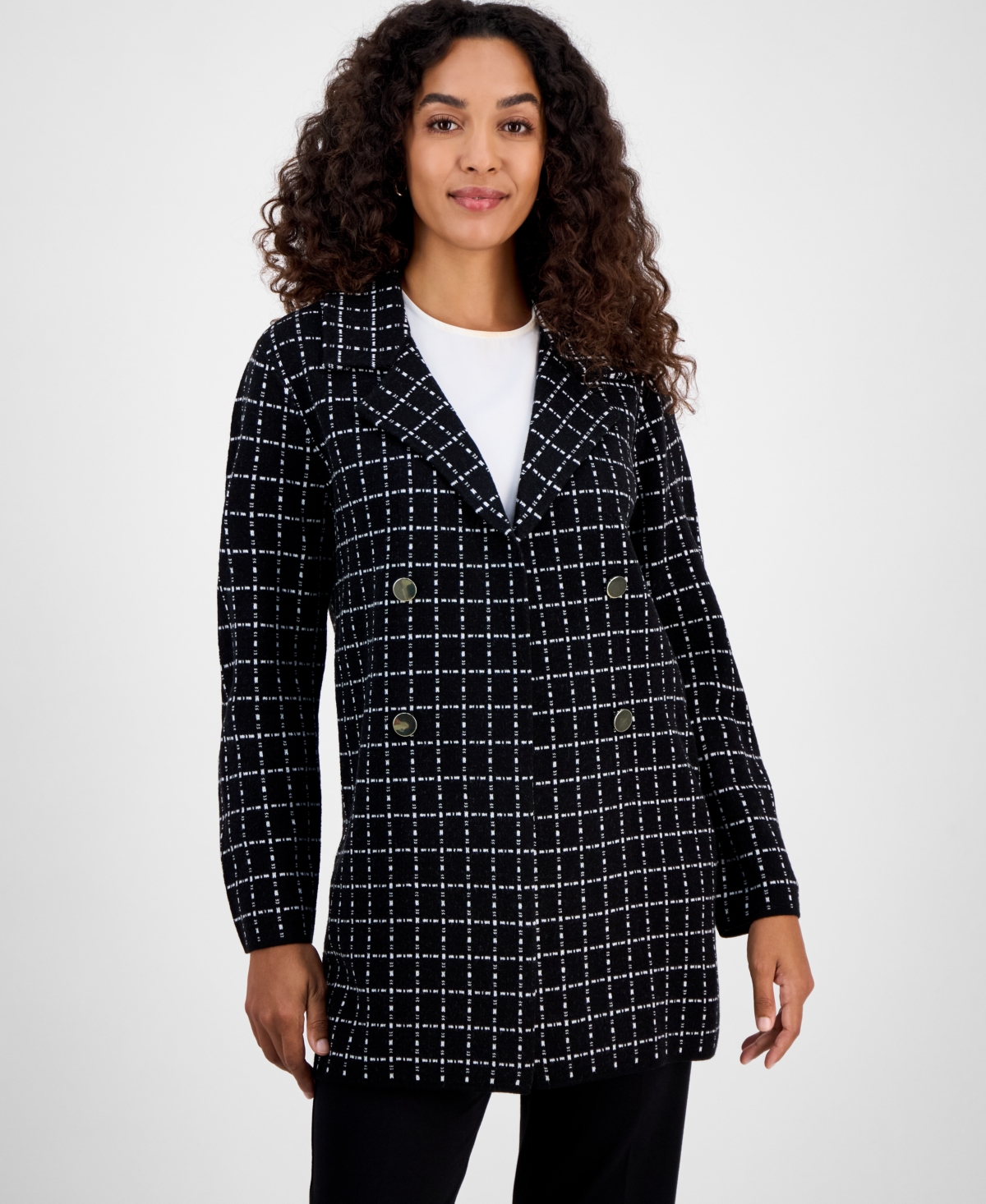 Click here for Kasper Notched-Collar Sweater Coat - Black/white prices