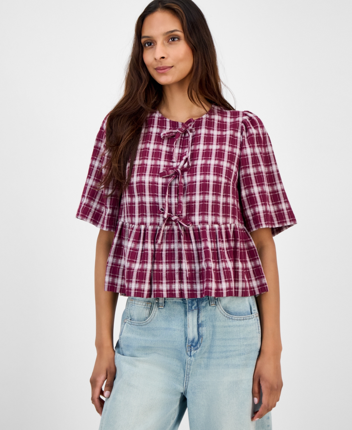 Click here for And Now This Womens Plaid Tie-Front Peplum Top  Ma... prices