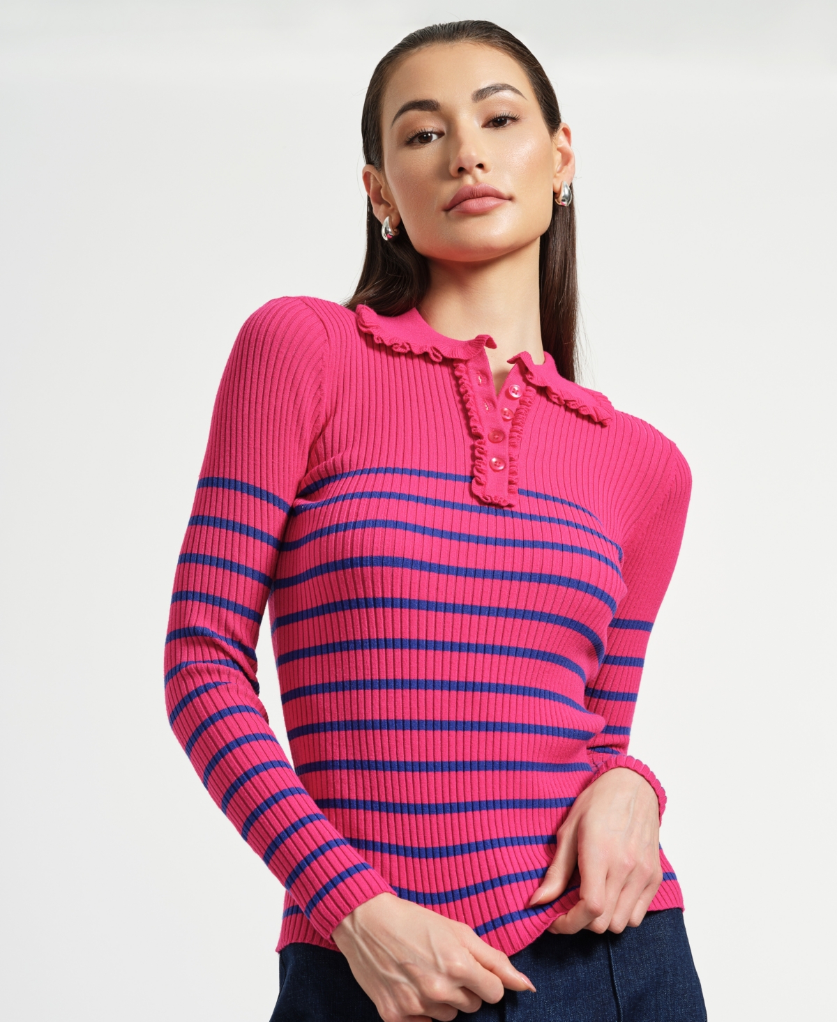 Click here for Isaac Mizrahi Womens Ruffle Neck Henley Sweater -... prices