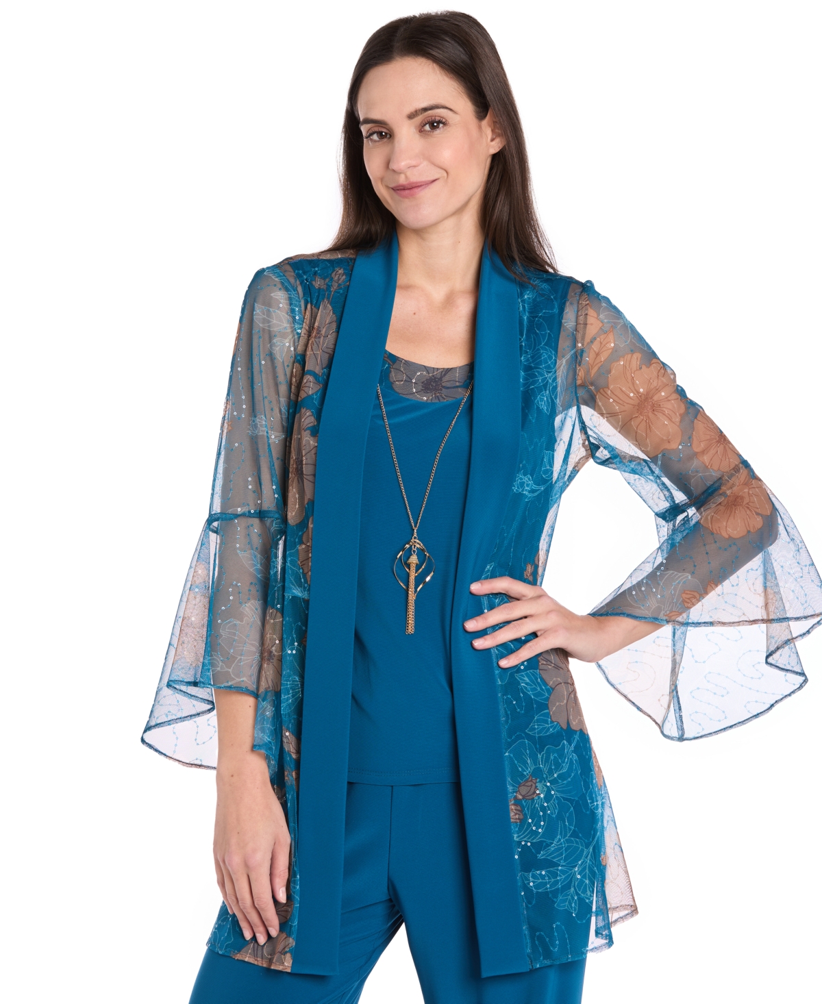 Click here for R & M Richards Womens Foil-Lace Jacket & Pants Set... prices