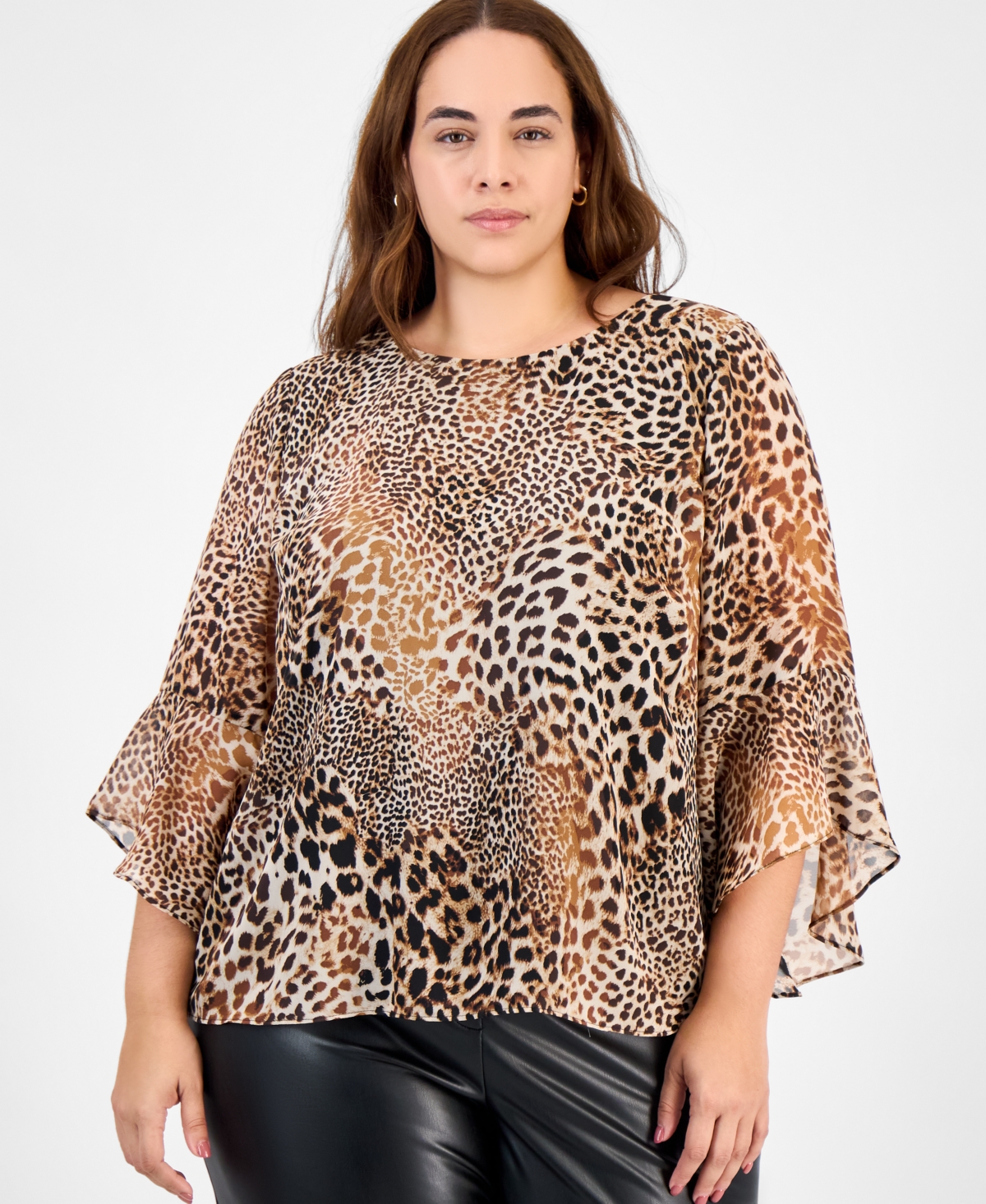 Click here for Kasper Plus Size Animal Print Ruffle-Sleeve Blouse... prices
