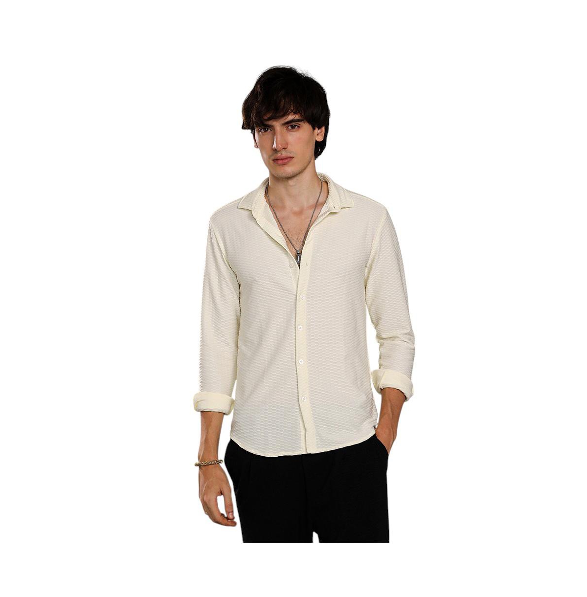 Click here for Campus Sutra Mens Pale Yellow Hive-Textured Shirt... prices