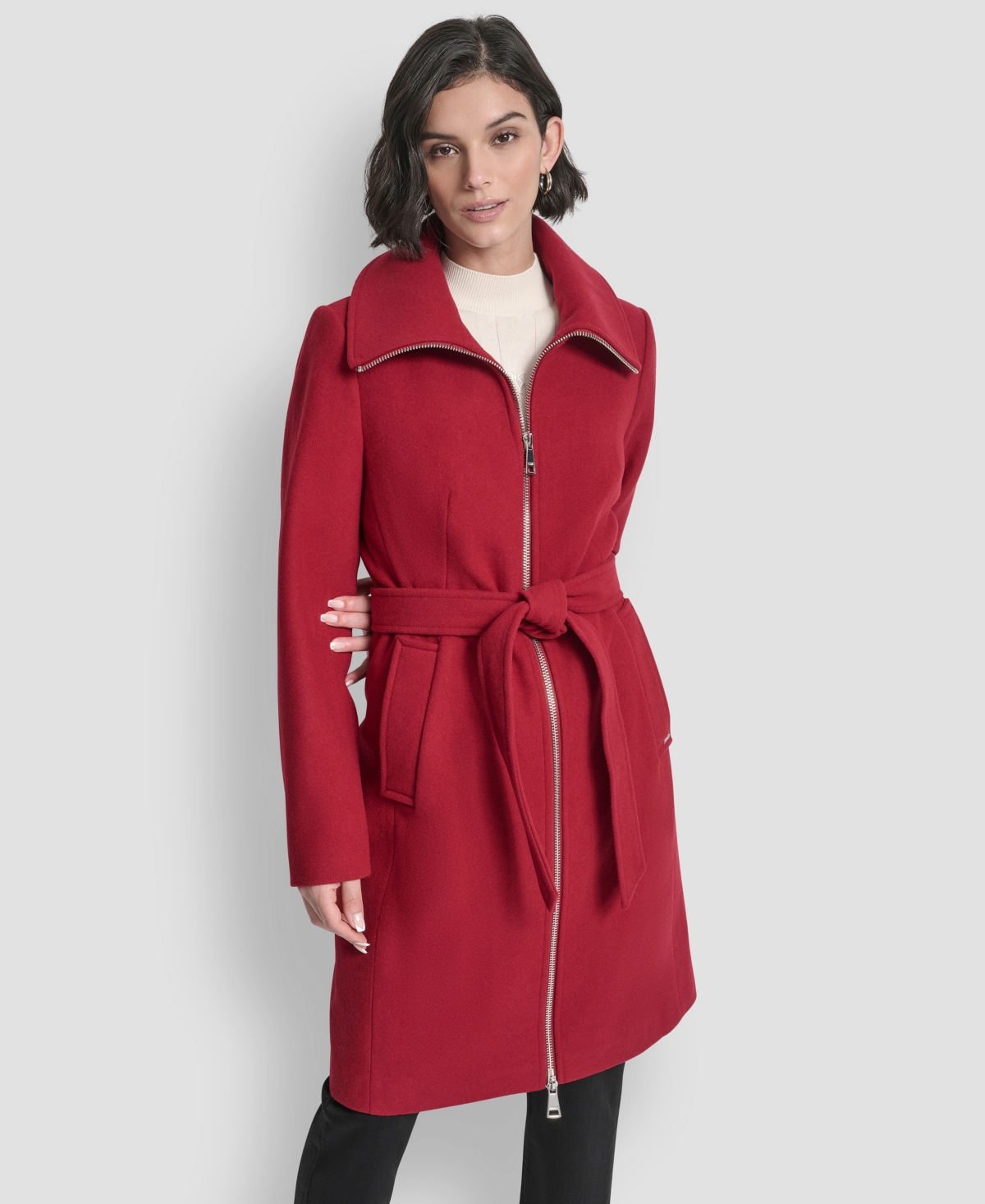 Click here for Dkny Womens Collared Neck Belted Coat - Tibetan prices