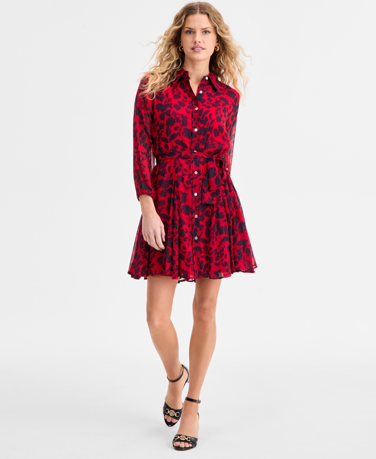 Tommy Hilfiger Womens Floral Print Belted Shirtdress - Scarlet/ Sky Captain