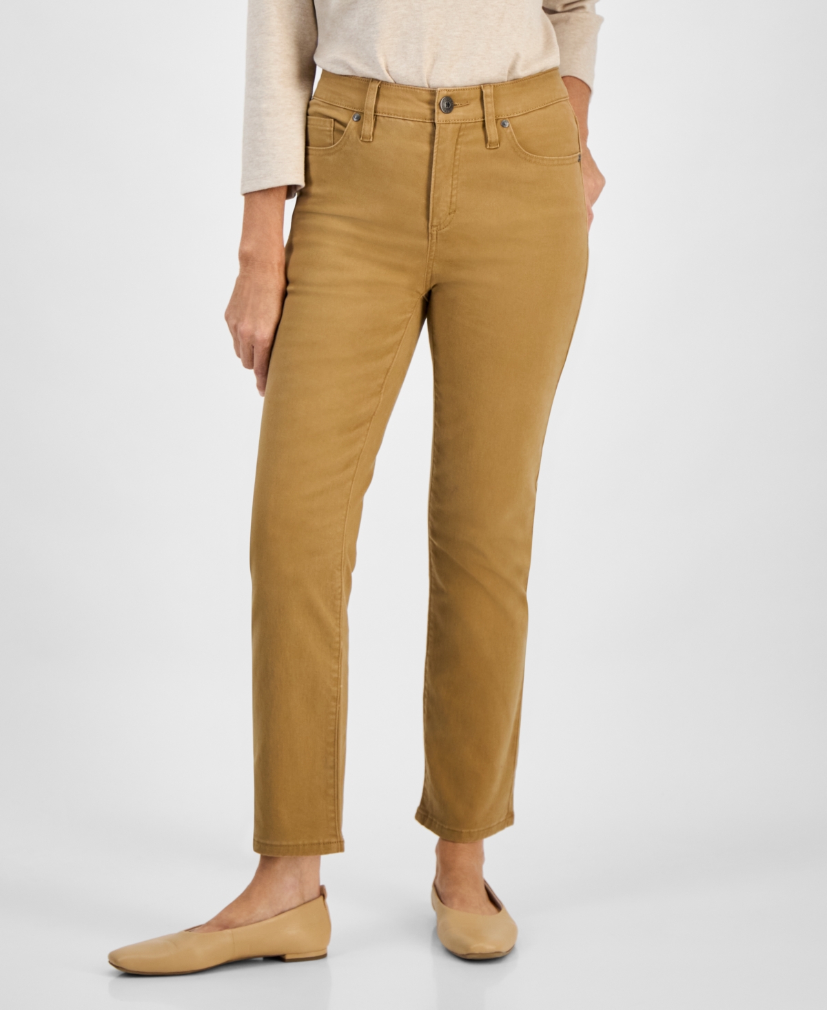 Click here for Style & Co Petite High Rise Natural Straight-Leg J... prices