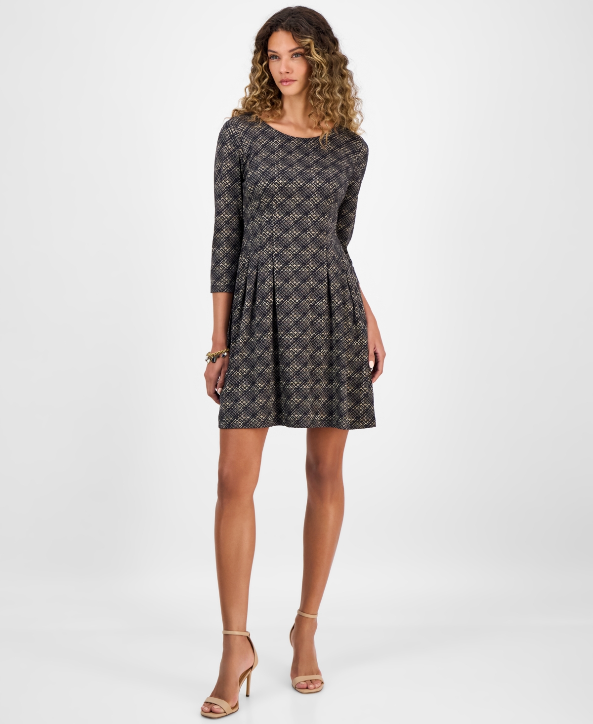 Click here for Connected Womens Printed Round-Neck Fit & Flare Dr... prices