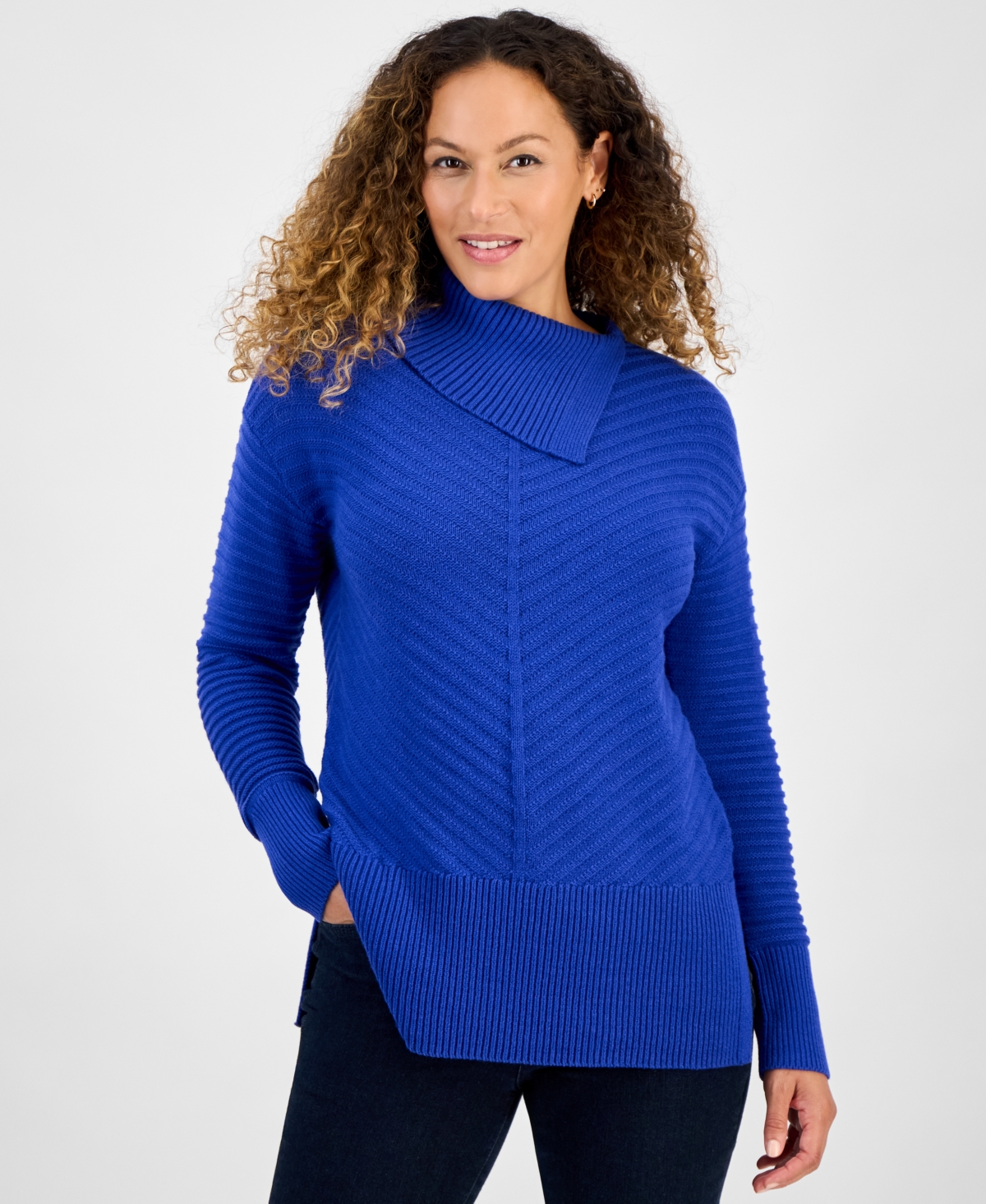 Style & Co Petite Envelope-Neck Side-Slit Tunic Sweater  Created for Macys - Jazzy Blue