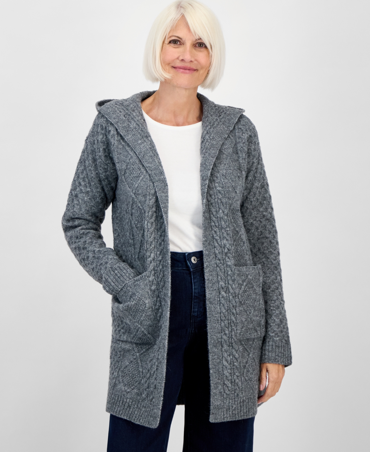 Click here for Style & Co Petite Chunky Cable-Knit Hooded Cardiga... prices