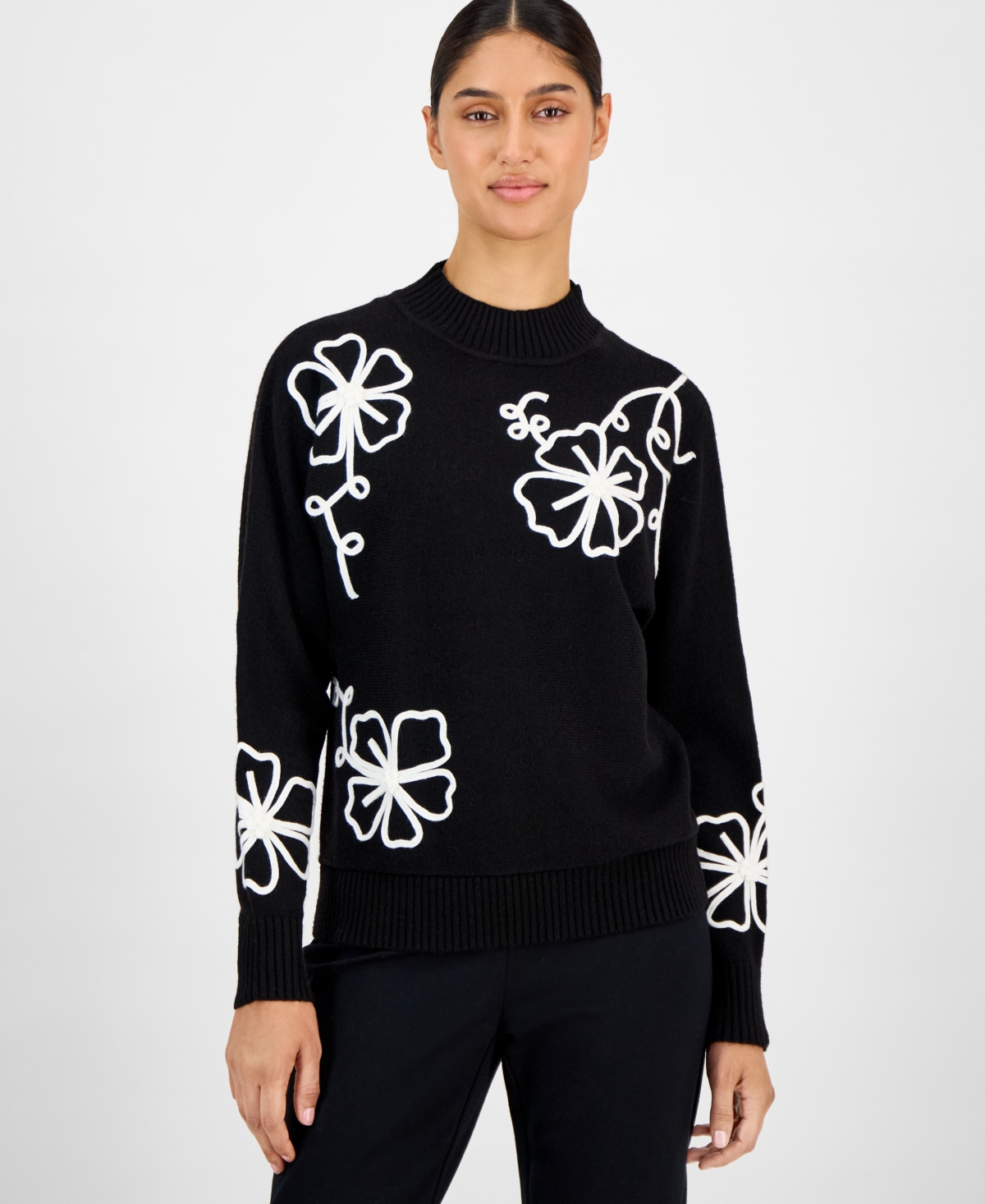 Click here for T Tahari Womens Mock Neck Floral Embroidered Sweat... prices