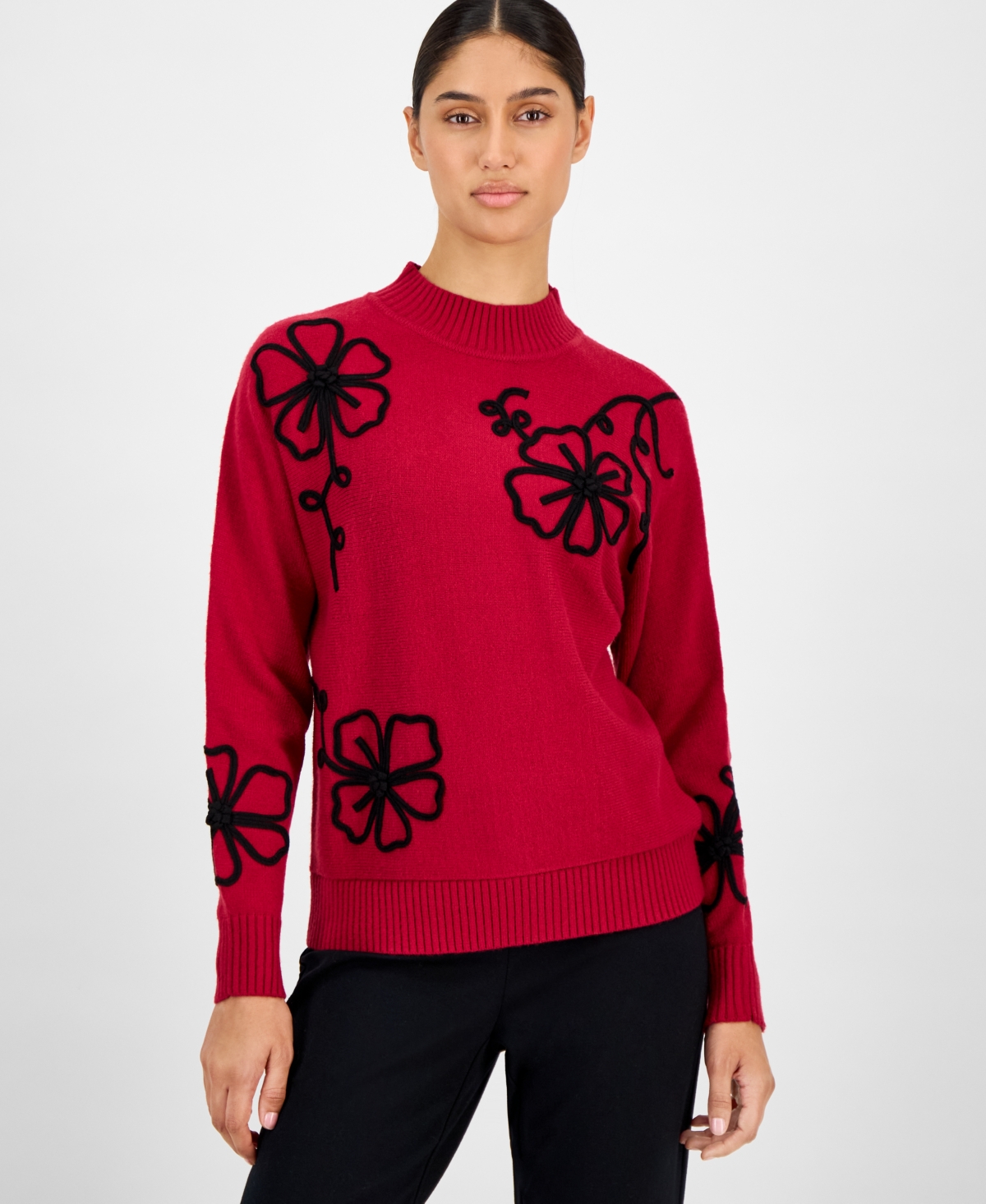 Click here for T Tahari Womens Mock Neck Floral Embroidered Sweat... prices