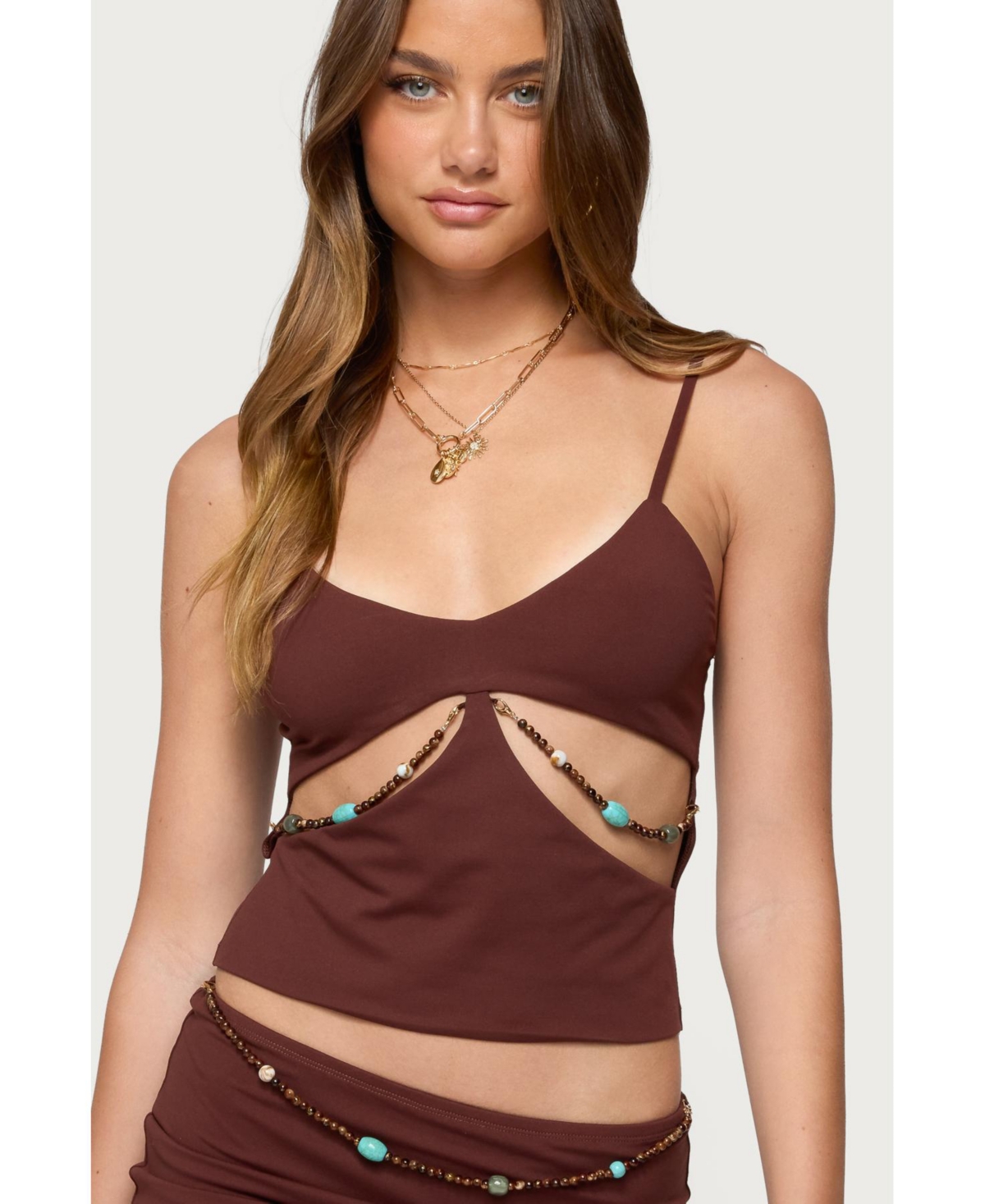 Click here for Edikted Womens Neri Bead Cut Out Tank Top - Brown prices