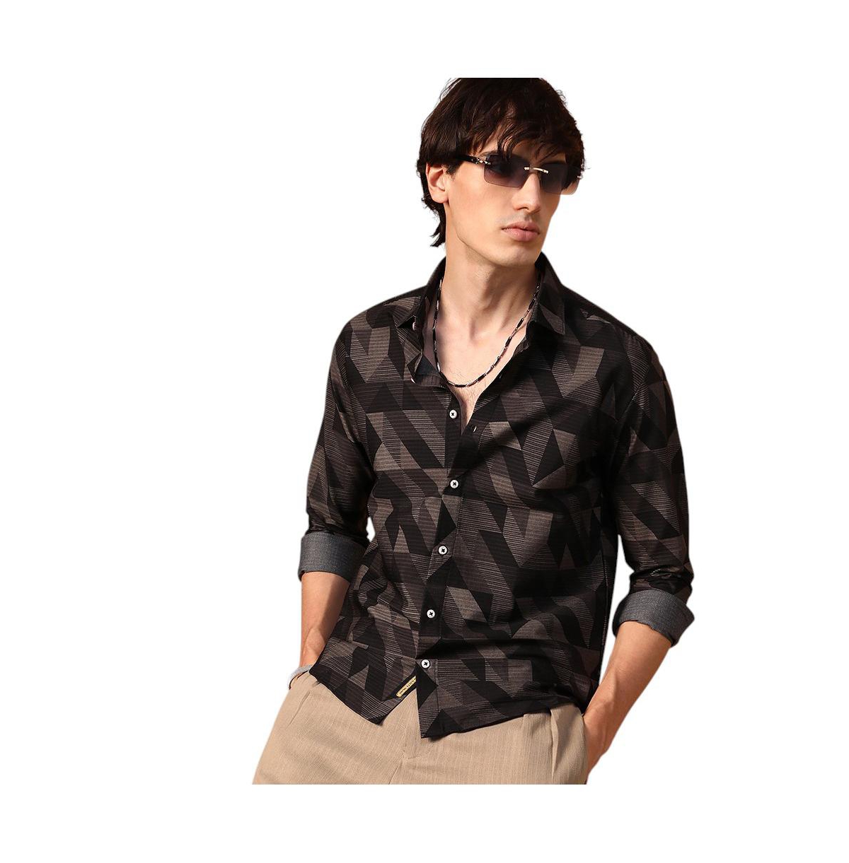 Click here for Campus Sutra Mens Midnight Black Geometric Seersuc... prices