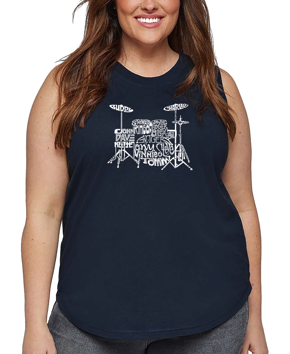 Click here for La Pop Art Plus Size Drums Word Art Tank Top - Nav... prices