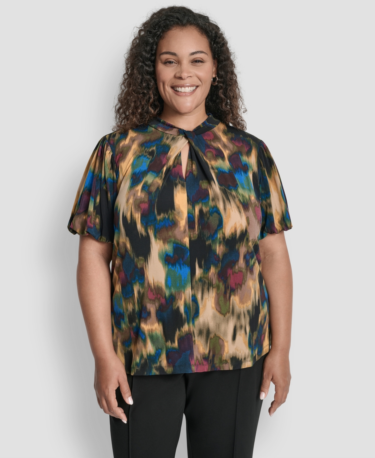 Dkny Plus Size Keyhole Twist Neck Balloon Sleeve Top - Blue multi