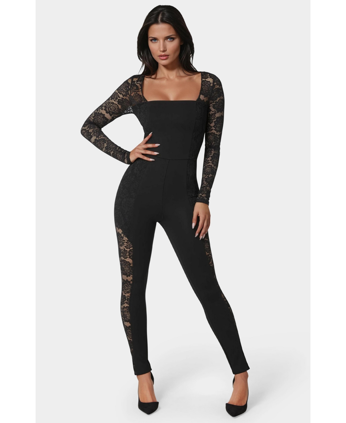 Click here for Bebe Womens Lace Combo Cat Suit - Black prices