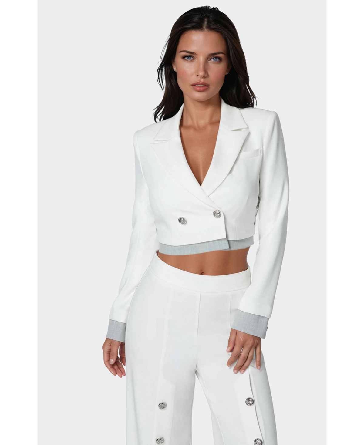 Click here for Bebe Cropped Eyelet Blazer - White alyssum / grey... prices