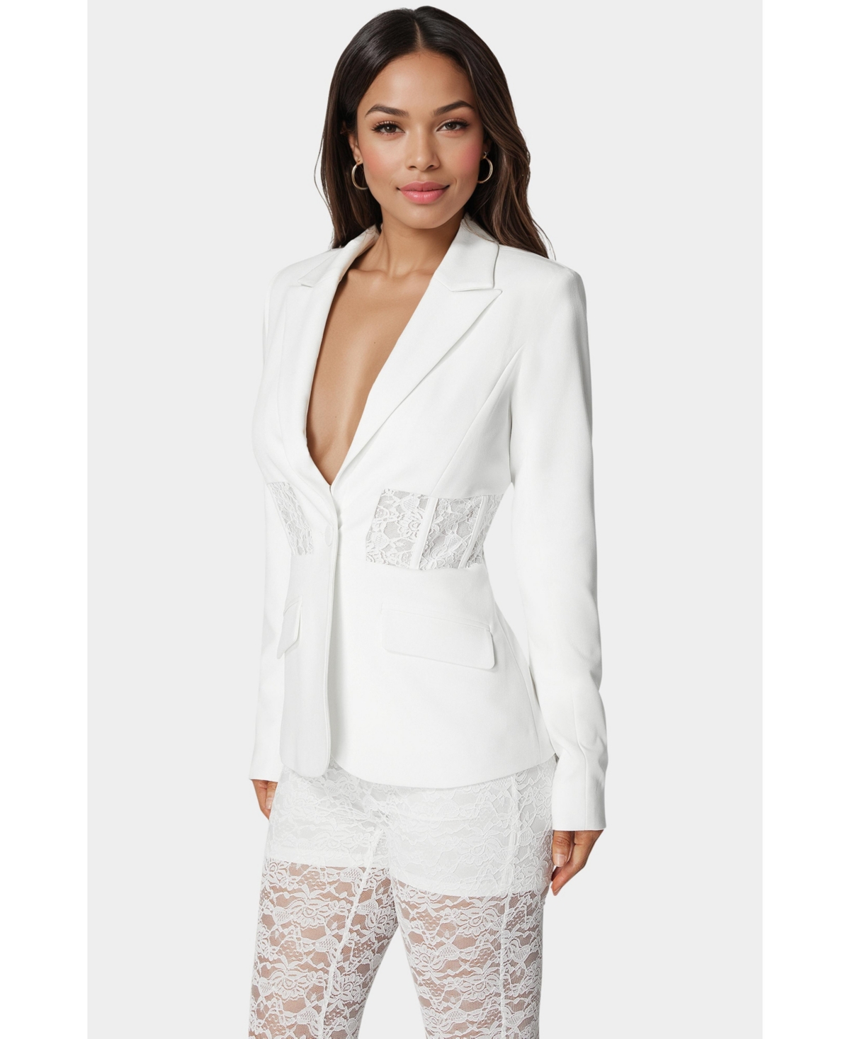 Click here for Bebe Tailored Lace Combo Blazer - White alyssum prices