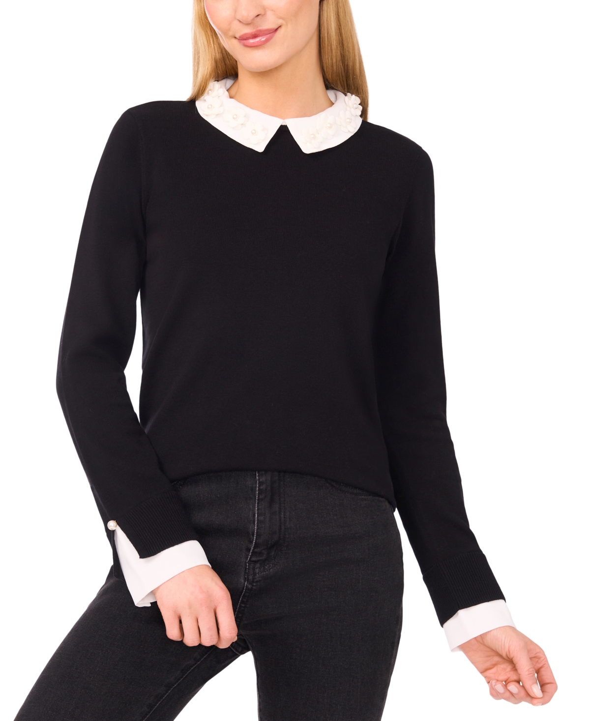 CeCe Womens Long Sleeve Woven Collar Neck Pullover Sweater - Rich Black