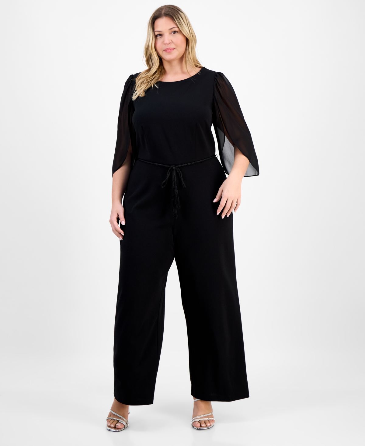 Click here for Connected Plus Size Bell-Sleeve Tassel-Belt Jumpsu... prices