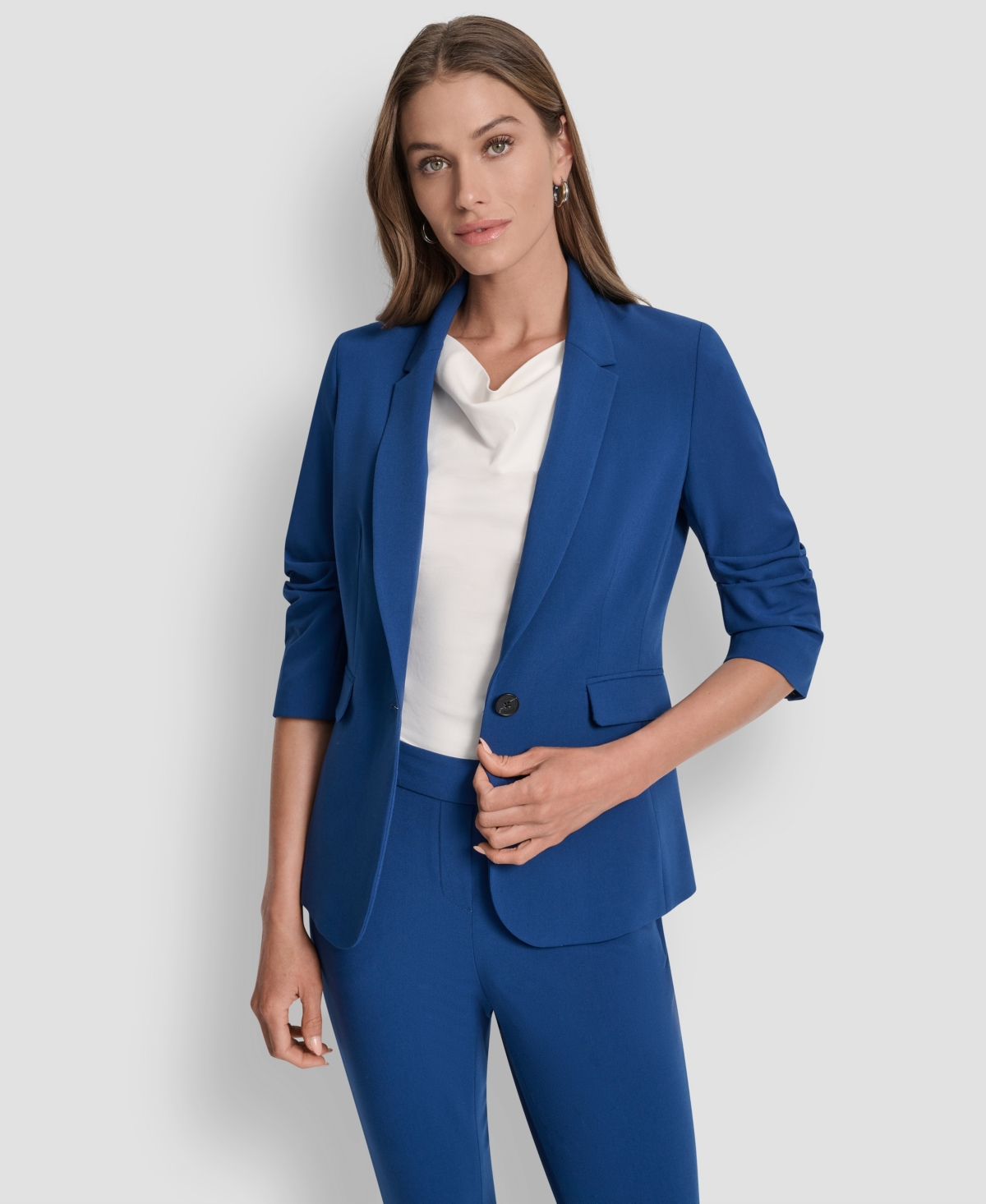 Click here for Dkny Petite Ruched Sleeve Jacket - Cadet Blue prices