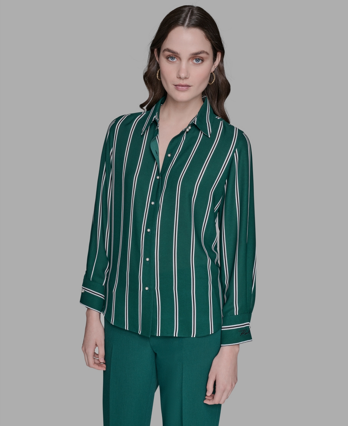 Click here for Karl Lagerfeld Paris Womens Striped Faux-Pearl Shi... prices