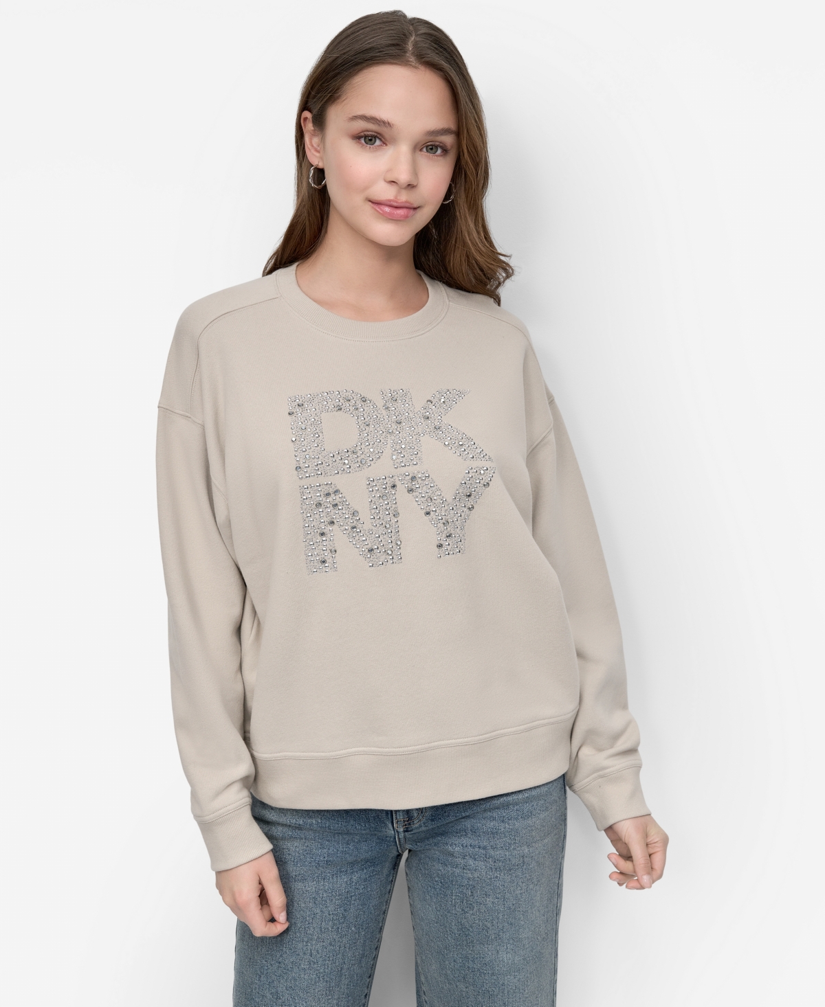 Dkny Jeans Womens Rhinestone Crew Neck Sweatshirt - Pebble/silver