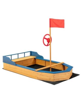 AKIUDEX Wooden Pirate Ship Sandbox with Bench and Liner for Kids ...