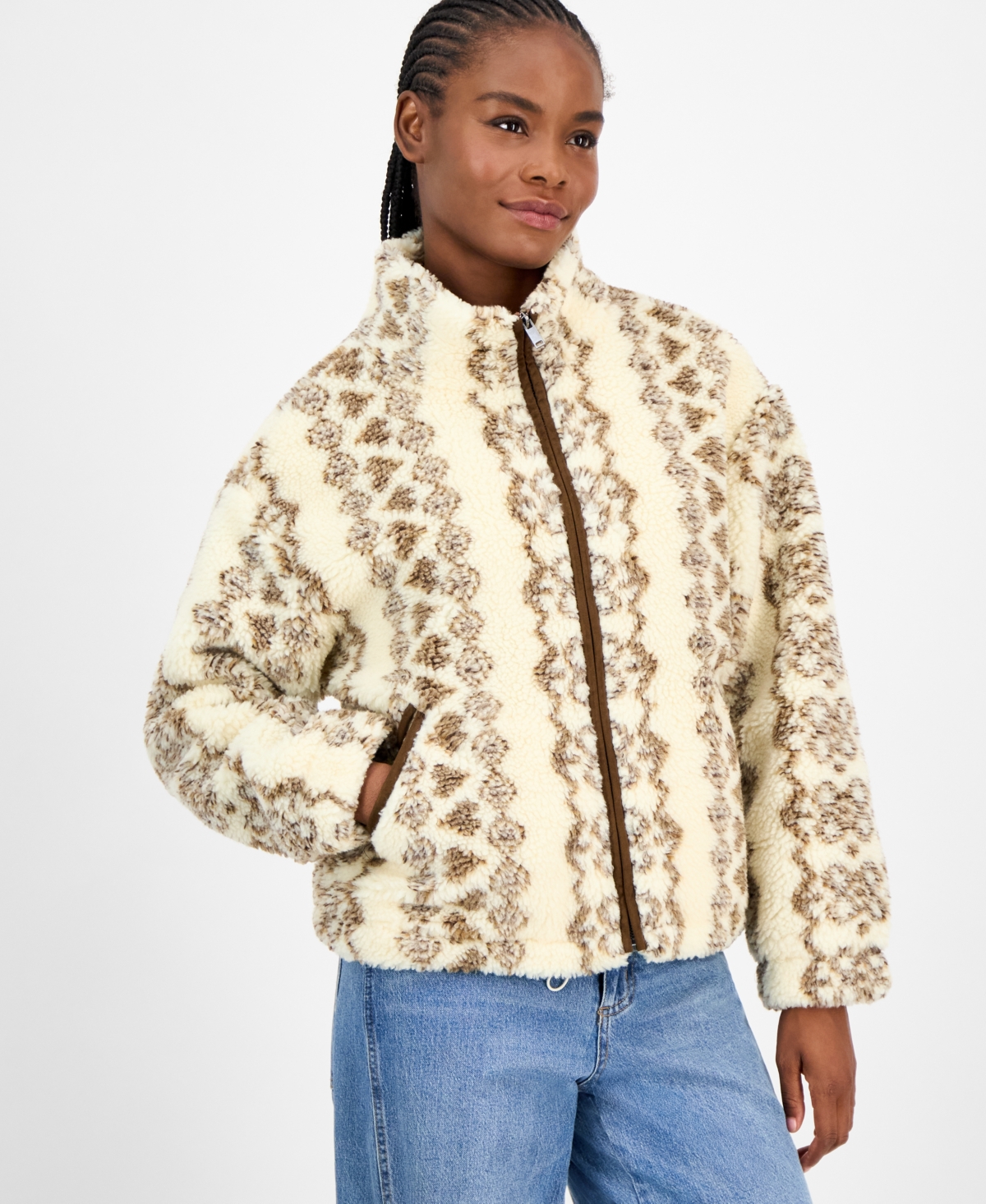 And Now This Womens Printed Faux-Sherpa Jacket  Macys Exclusive - Neutral Aztec