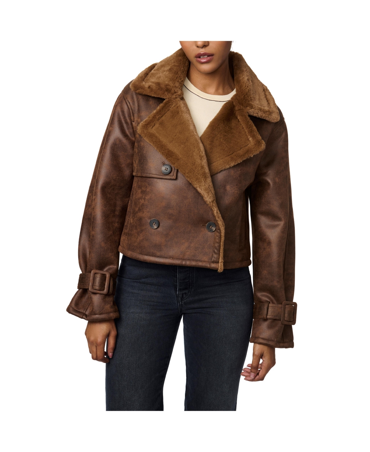 Bernardo Womens Faux Shearling Cropped Jacket - Espresso