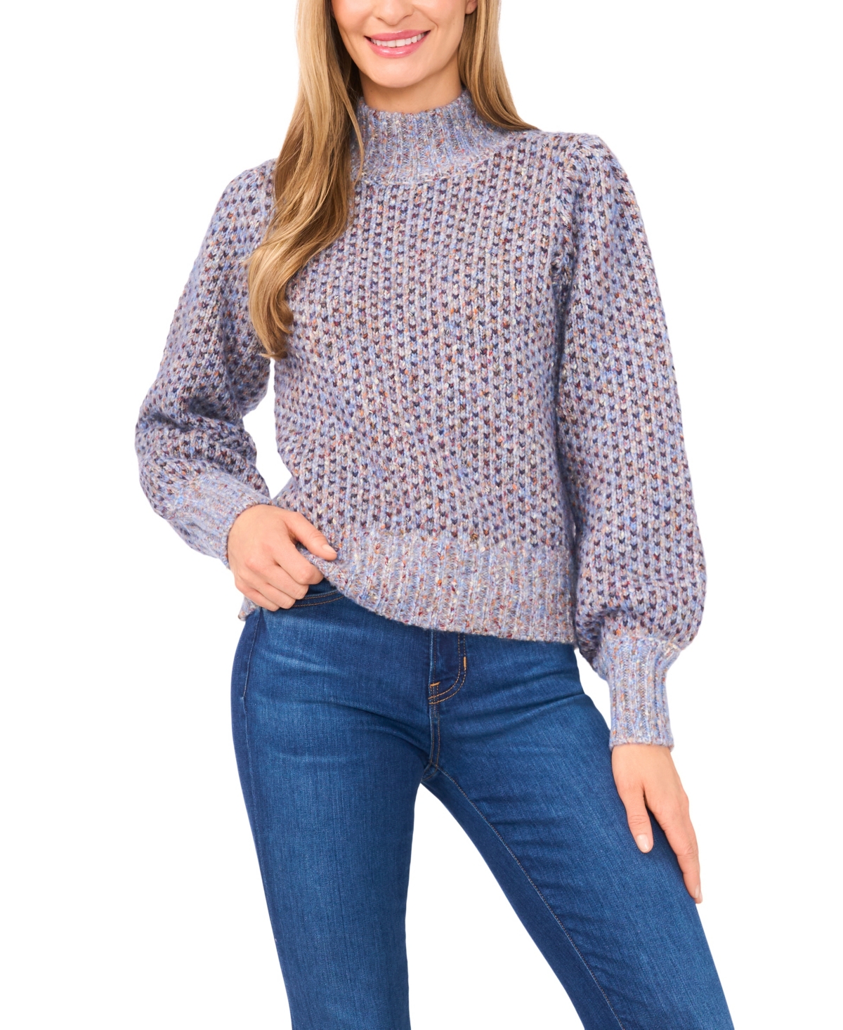 CeCe Womens Marled Blouson Sleeve Jacquard Knit Mock Neck Sweater - Light Blue Multi