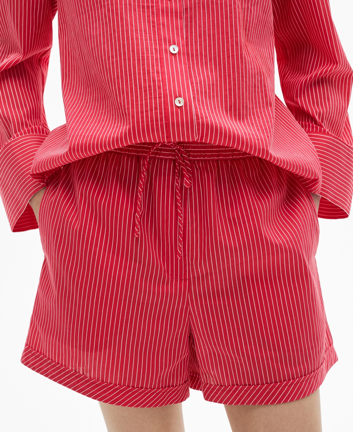 Click here for Mango Womens Striped Cotton Blend Shorts - Red prices