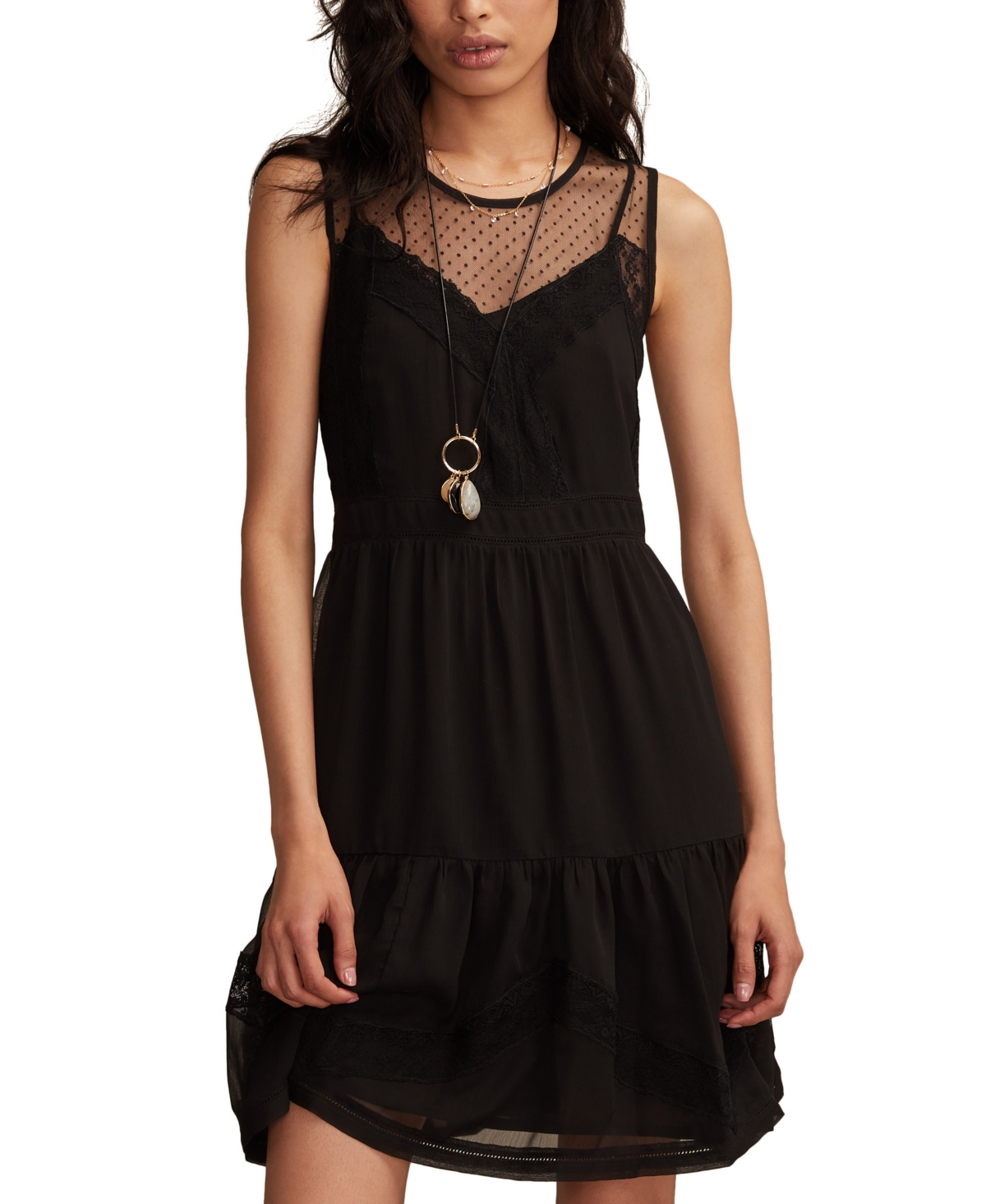 Lucky Brand Womens Mesh Tiered Crewneck Mini Dress - Caviar