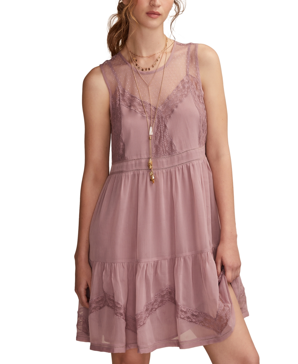 Click here for Lucky Brand Womens Mesh Tiered Crewneck Mini Dress... prices