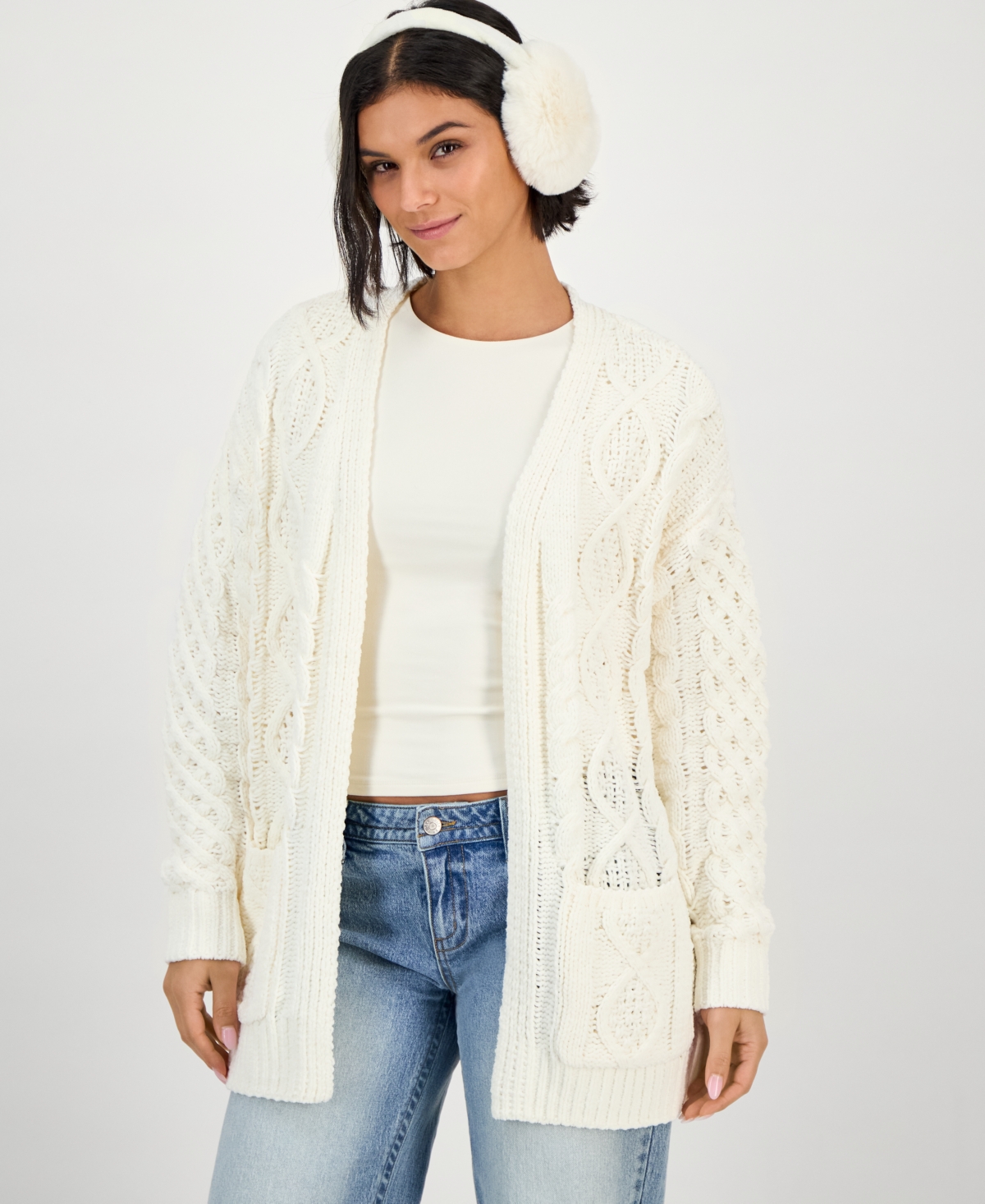 Click here for Hooked Up by Iot Juniors Cable-Knit Open Cardigan... prices