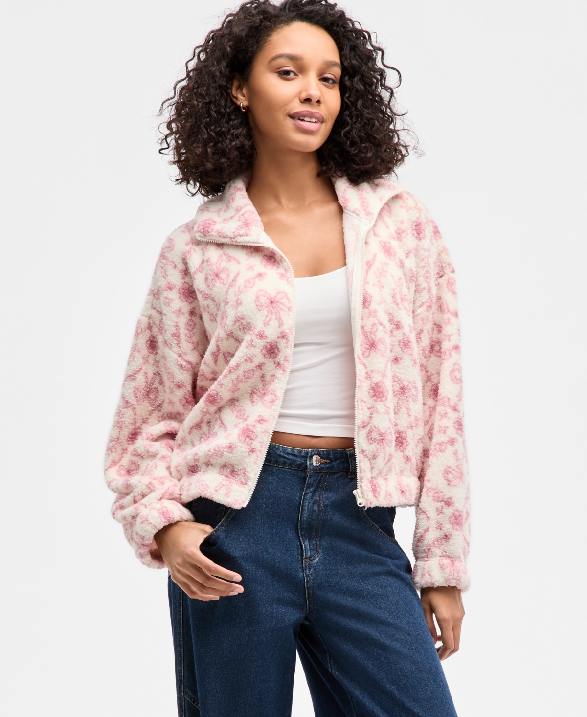 Click here for Hippie Rose Juniors Printed Zip-Up Sherpa Jacket -... prices