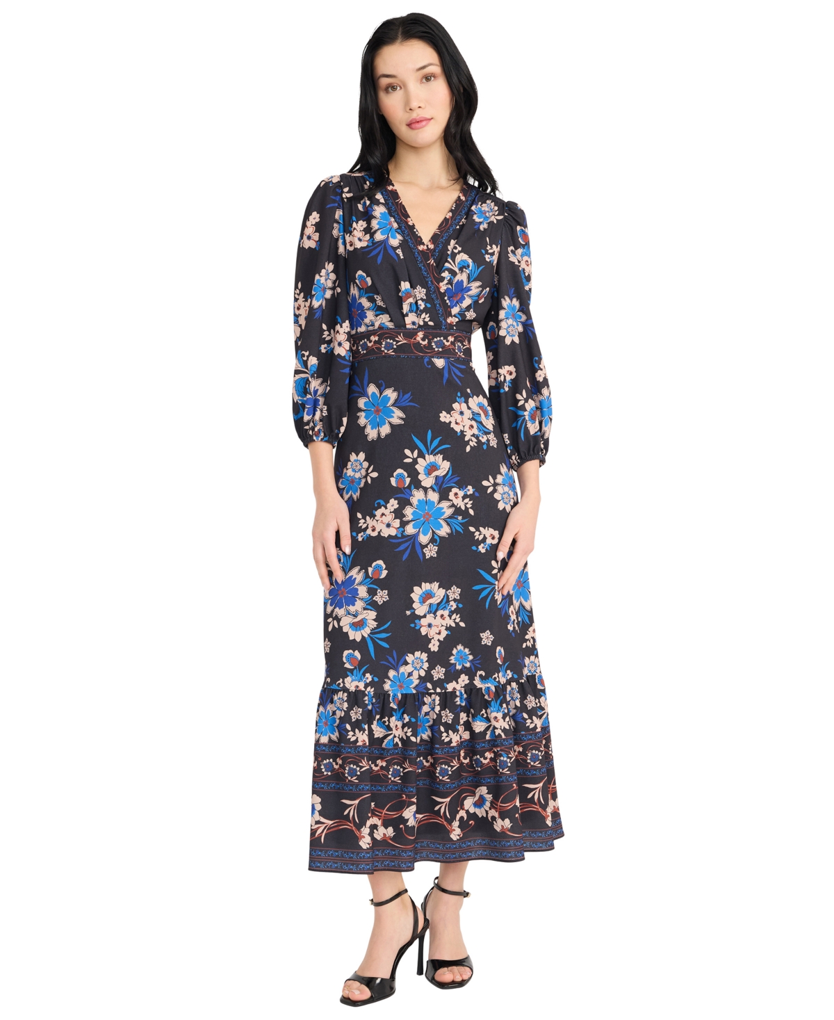 Donna Morgan Womens V-Neck Tiered Midi Dress - Black/Blue