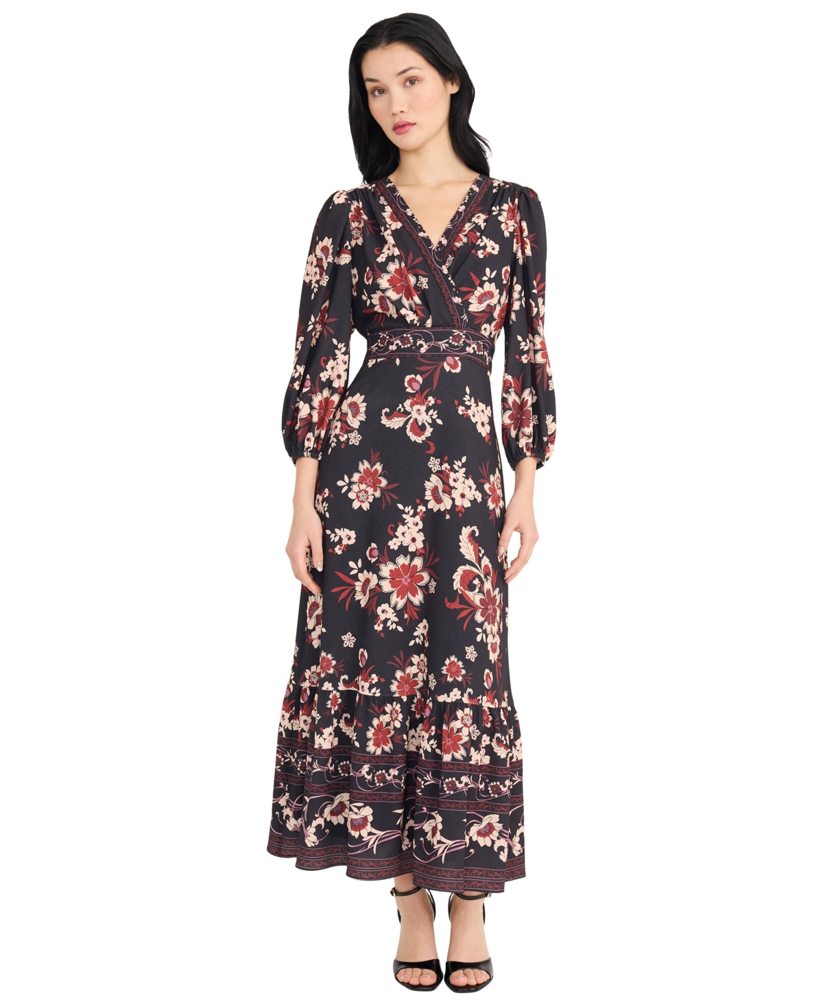 Click here for Donna Morgan Womens V-Neck Tiered Midi Dress - Bla... prices