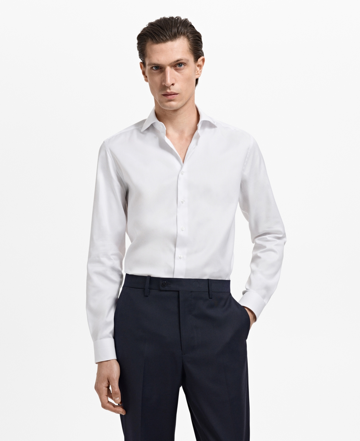 Click here for Mango Mens Slim-Fit Cotton Dress Shirt - White prices