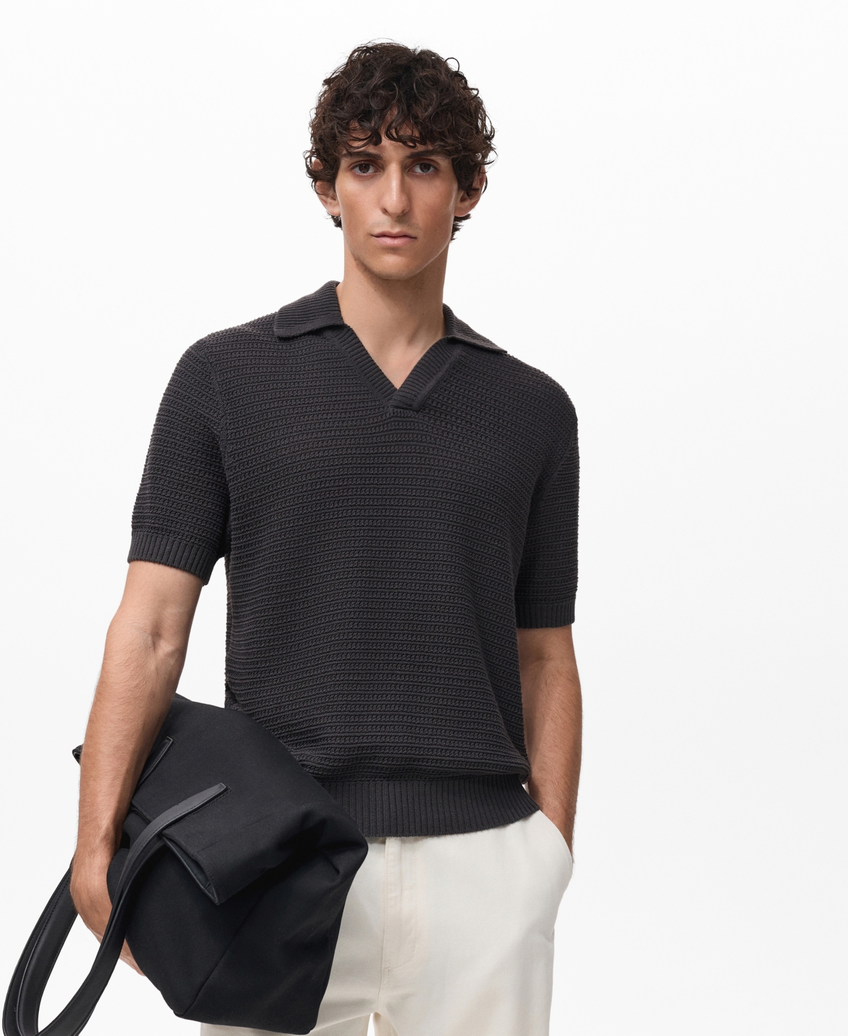 Click here for Mango Mens Crochet Cotton Polo Shirt - Charcoal prices