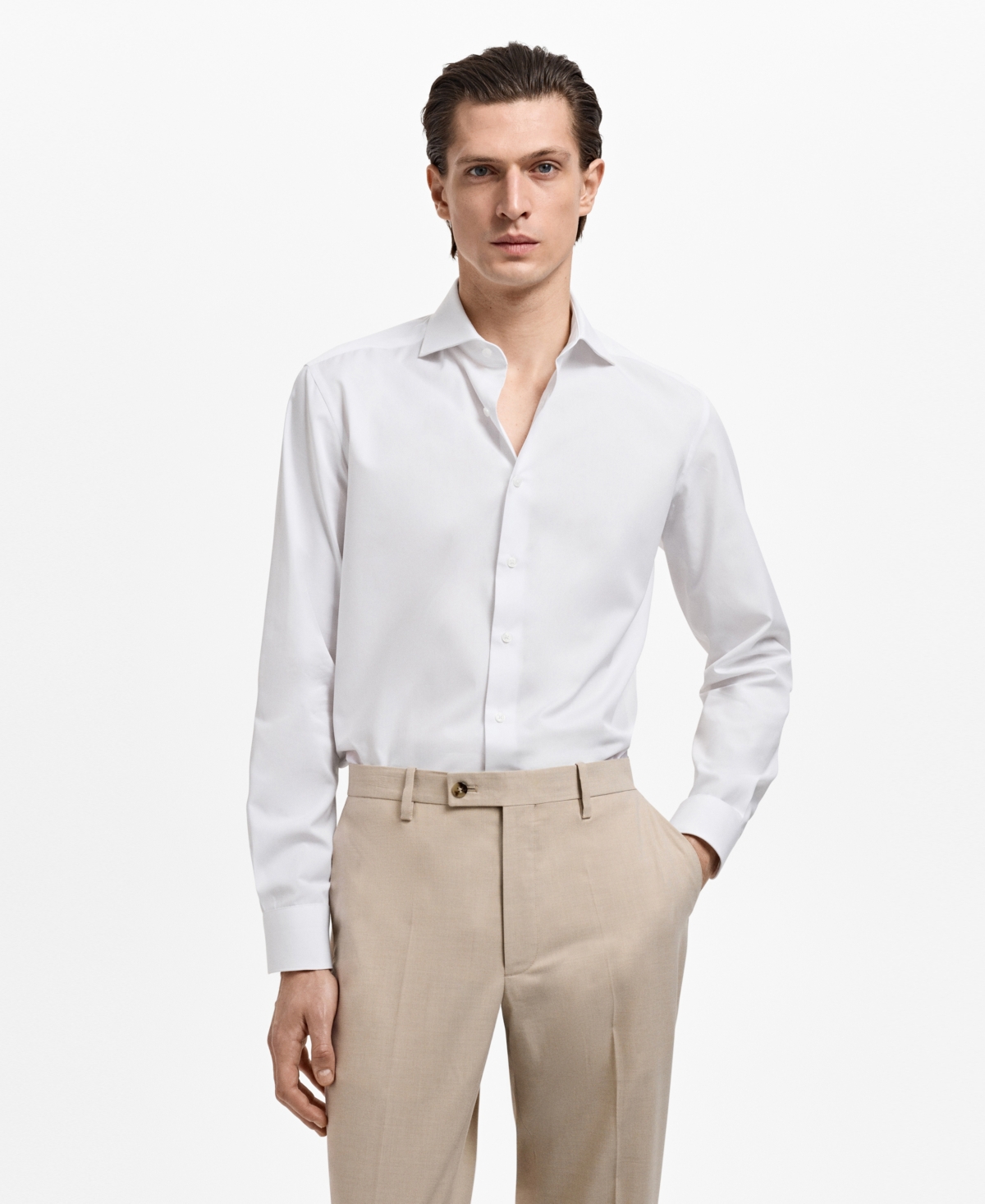 Click here for Mango Mens Slim-Fit Cotton Poplin Dress Shirt - Wh... prices