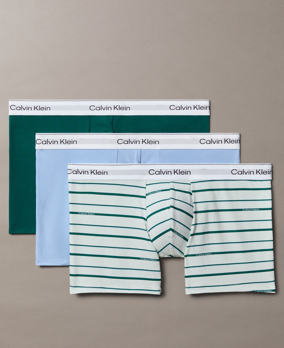 Calvin Klein Mens 3-Pack Icon Stretch Low Rise Trunks - Turf Logo Split Stripe/Shrout Green/Froz