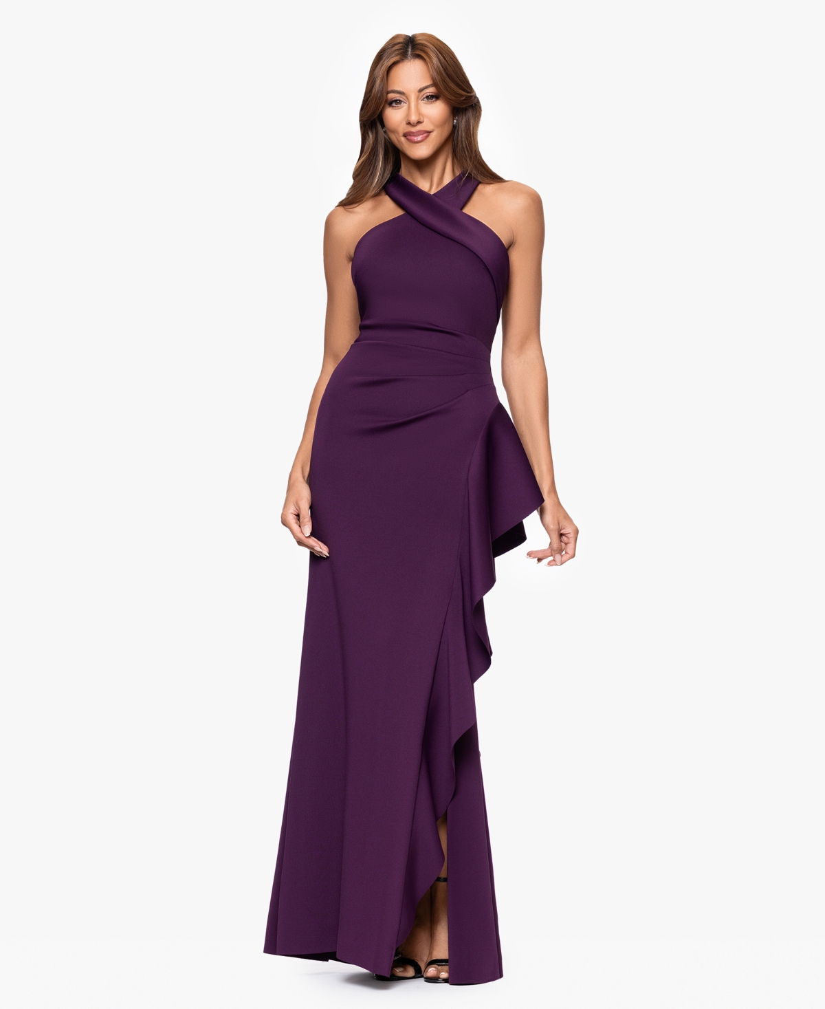 Click here for Xscape Womens Crisscross Halter Side-Ruffled Gown... prices