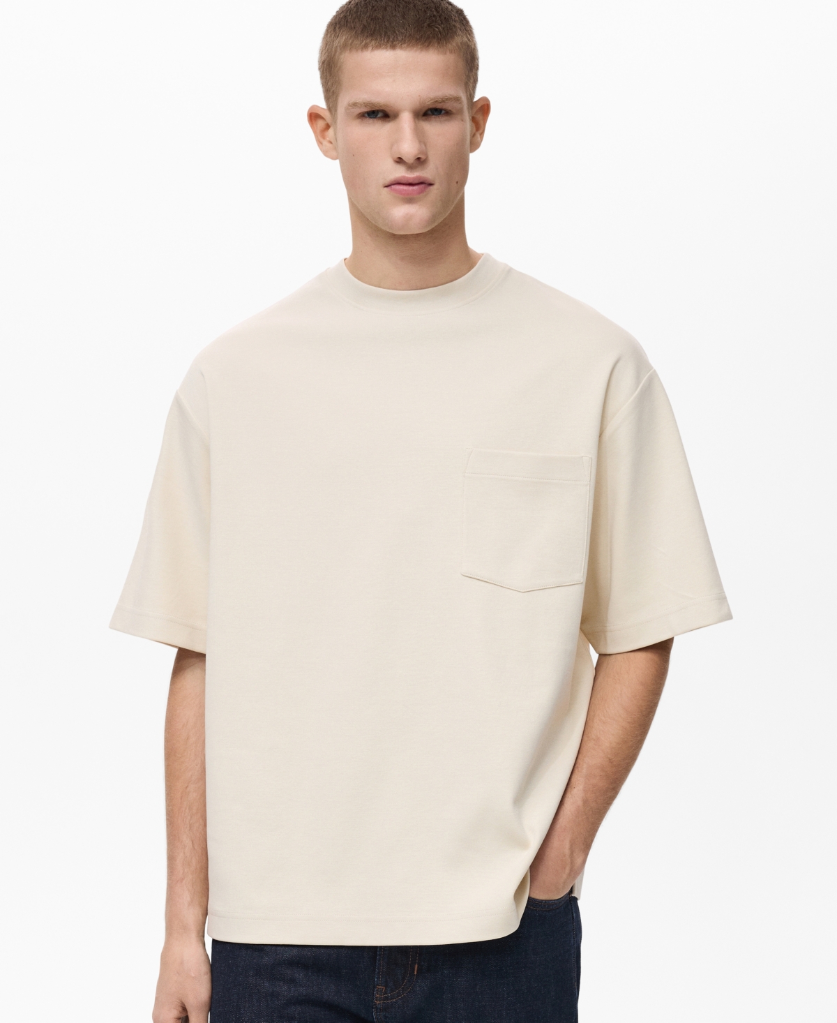 Click here for Mango Mens Oversize Cotton Pocket T-Shirt - Ecru prices