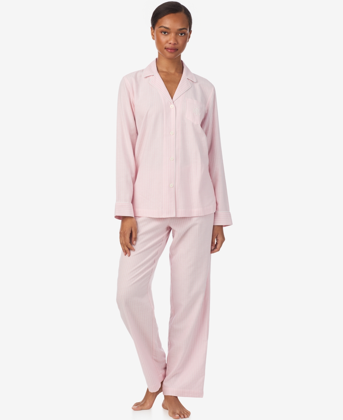 Lauren Ralph Lauren Womens 2-Piece Striped Pajama Top and Pant Set - Pink Stripe
