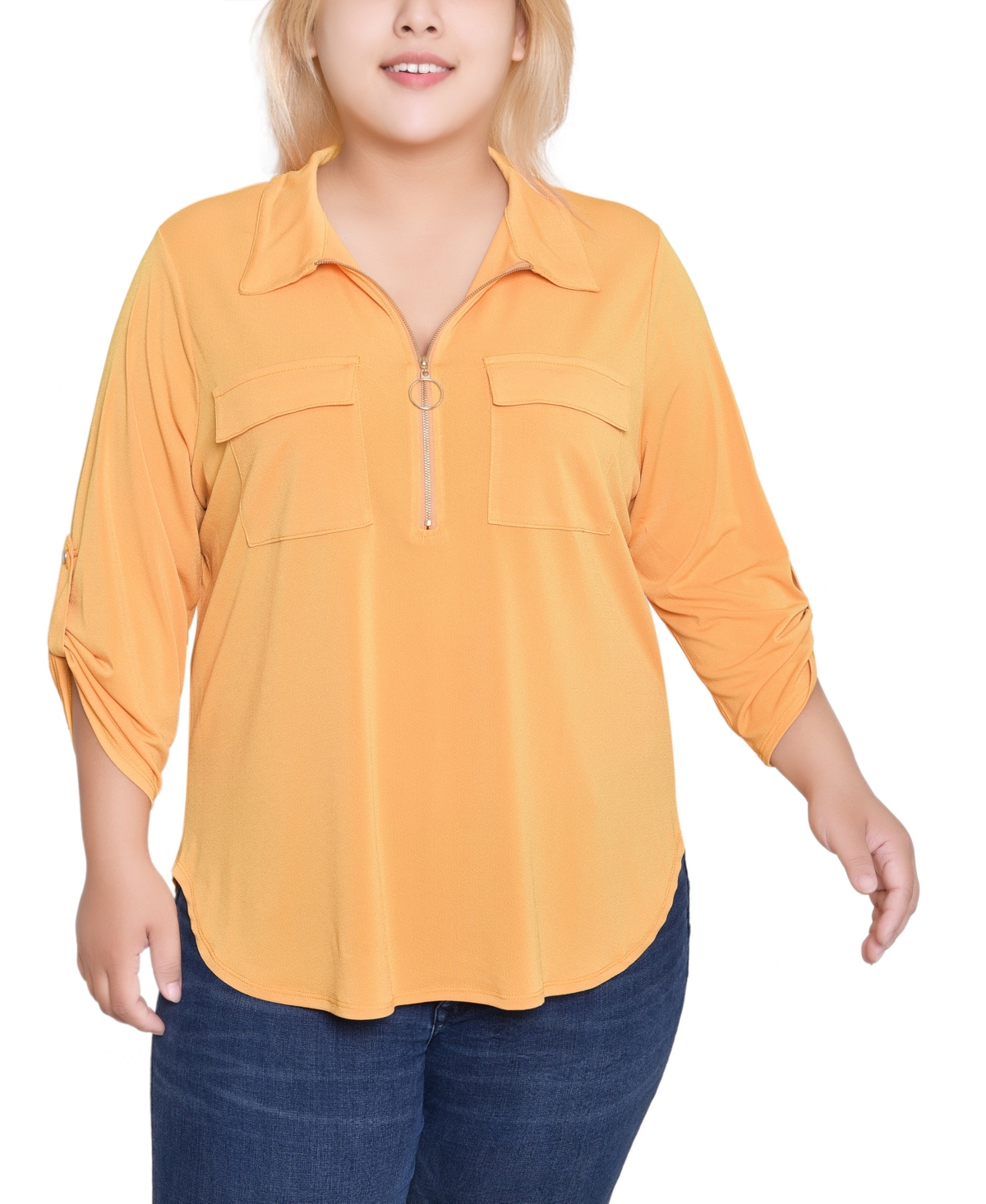 Click here for Ny Collection Plus Size 3/4 Roll Tab Zip Front Top... prices