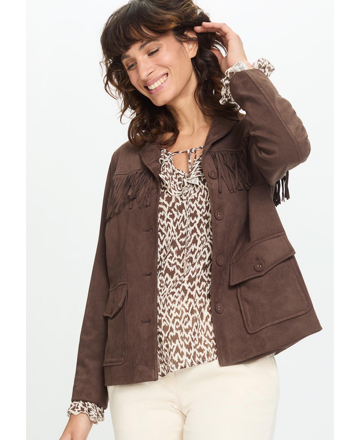 Click here for Olsen Faux Suede Fringe Jacket - Chocolate prices