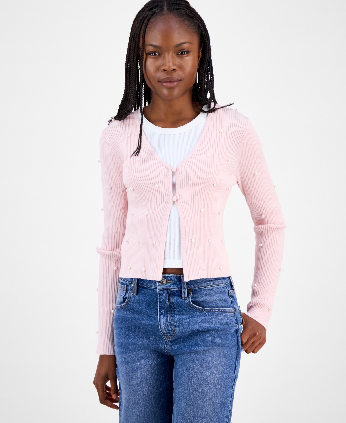 Click here for Madden Girl Juniors Faux-Pearl Ribbed Cardigan - B... prices