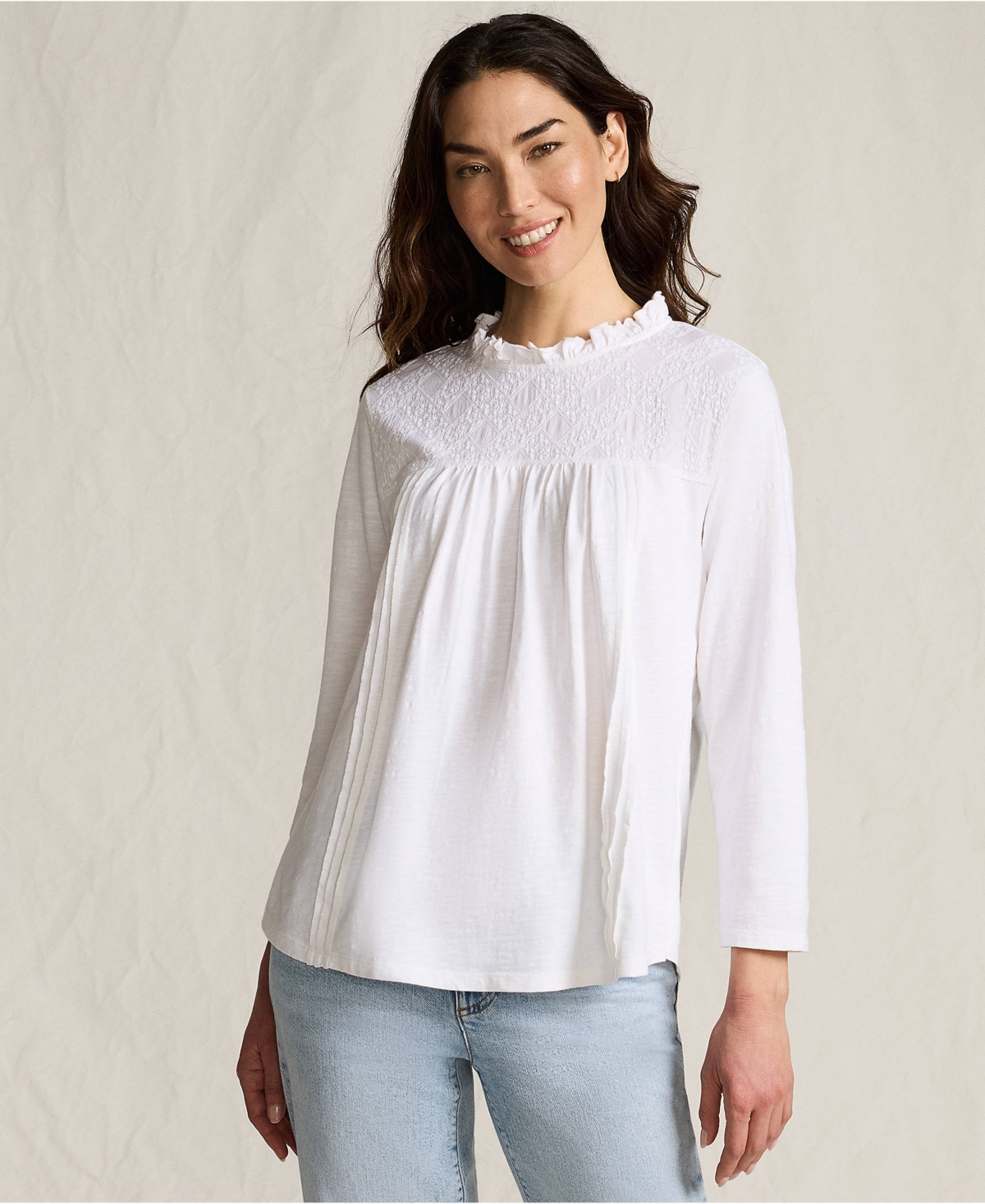 Click here for Lands End Womens 3/4 Sleeve Cotton Slub Lace Trim... prices